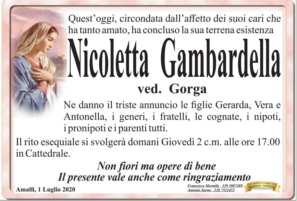 Il Vescovado - Amalfi, addio a Nicoletta Gambardella: oggi i funerali Il Vescovado - Amalfi, addio a Nicoletta Gambardella: oggi i funerali